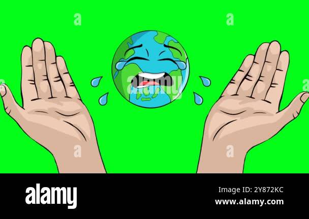 2d animated cartoon planet Earth is a character who is sad and crying ...