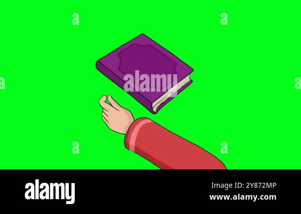 2d animated cartoon opening of a book by human hands with a purple ...