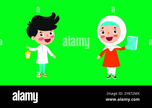 2d animated cartoon Islamic baby girl and boy characters with Quran in ...