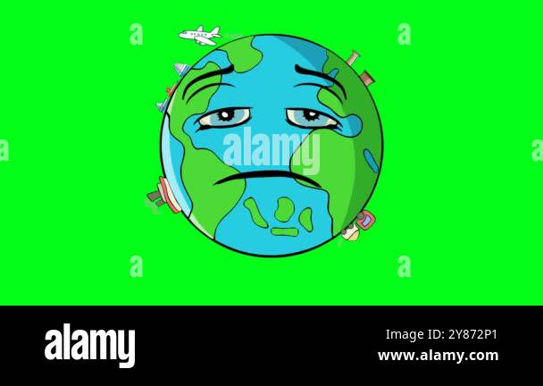 2d animated cartoon character of planet earth and machines factories ...