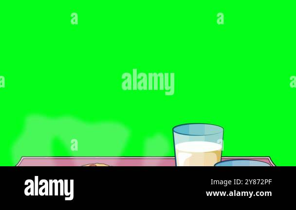 2d animated cartoon placing a tray of hot baked cookies with drinking ...