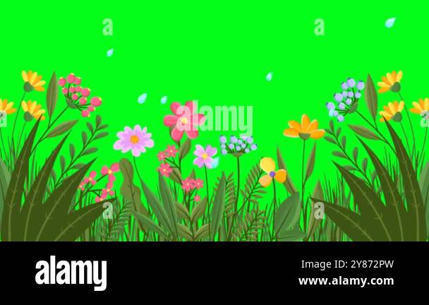 2d animated cartoon Watering and sprinkling water on fresh nature ...
