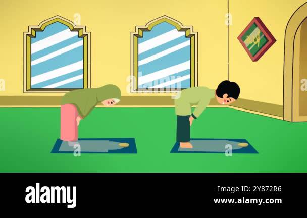 2d animated cartoon Muslim boy and girl characters praying in mosque ...
