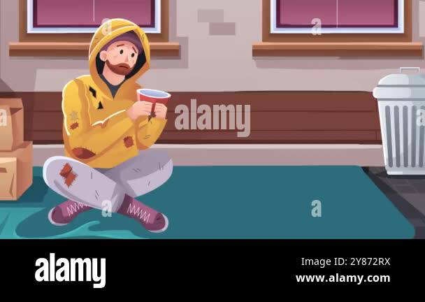 2d animated cartoon Feeding food to character of poor and needy man who ...