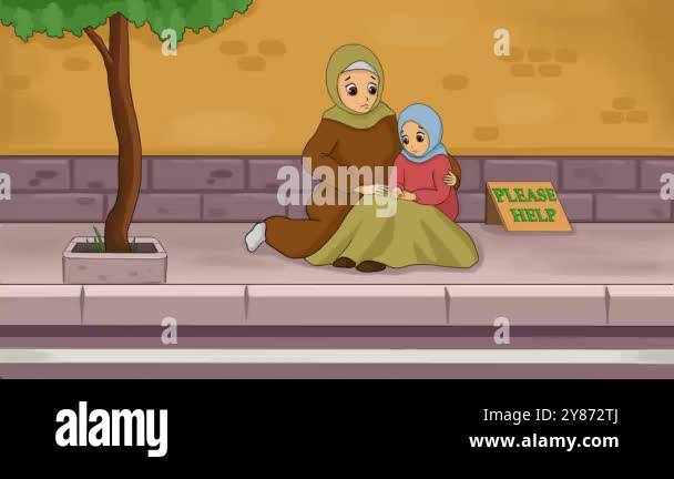 2d animated cartoon Feeding food to character of a poor and needy woman ...
