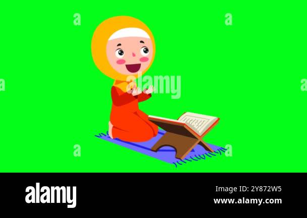 2d animated cartoon Muslim girl character reading Quran for Islam in ...