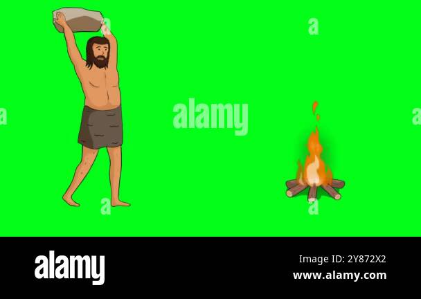 2d animated cartoon early humans or caveman character A man by the fire ...