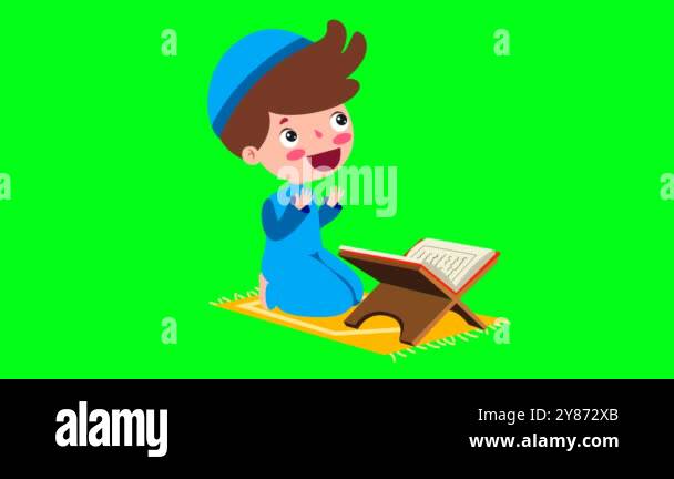 2d animated cartoon Muslim boy character reading Quran for Islam in ...