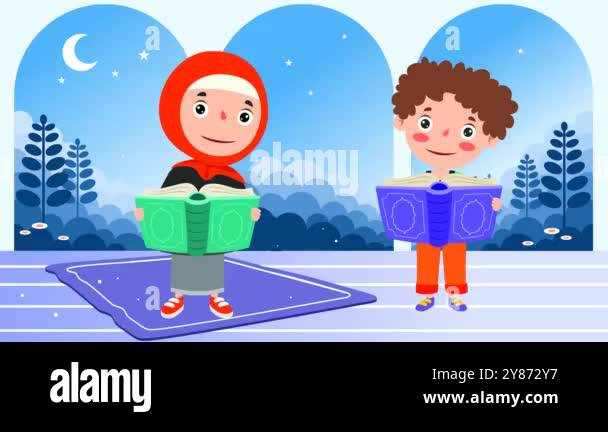 2d animated cartoon Quran in hands of muslim boy & girl characters ...