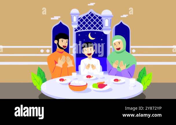 2d animated cartoon Muslim family of man, woman and child praying at ...