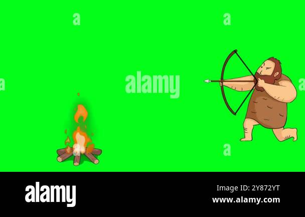 2d animated cartoon early humans or caveman character Hunting with a ...