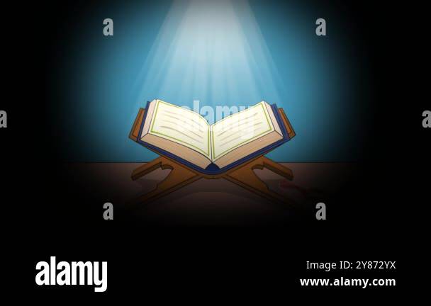 2d animated cartoon View of the Holy Quran on Rahal. The Qur'an is the ...