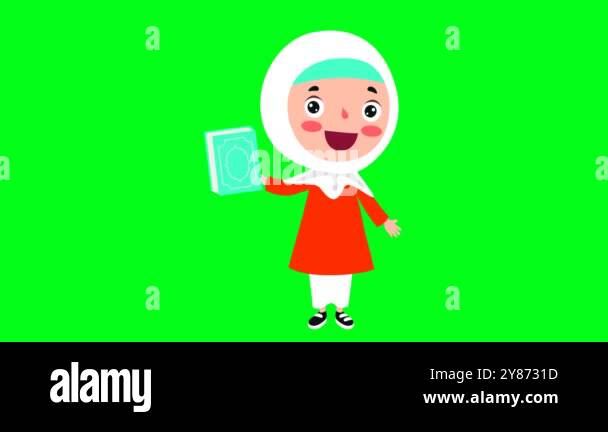 2d animated cartoon Islamic muslim girl character, the Quran in her ...