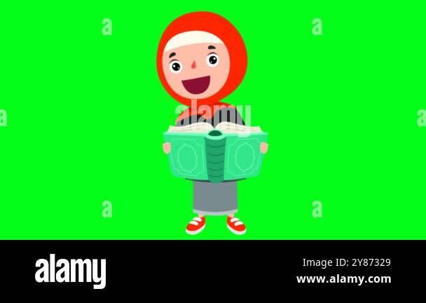 2d animated cartoon Islamic muslim girl character have a Quran in her ...