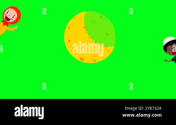 2d animated cartoon full moon becomes a crescent moon. Muslim children ...