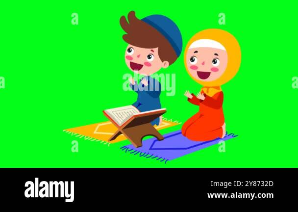 2d animated cartoon Muslim boy and girl characters reading Quran for ...