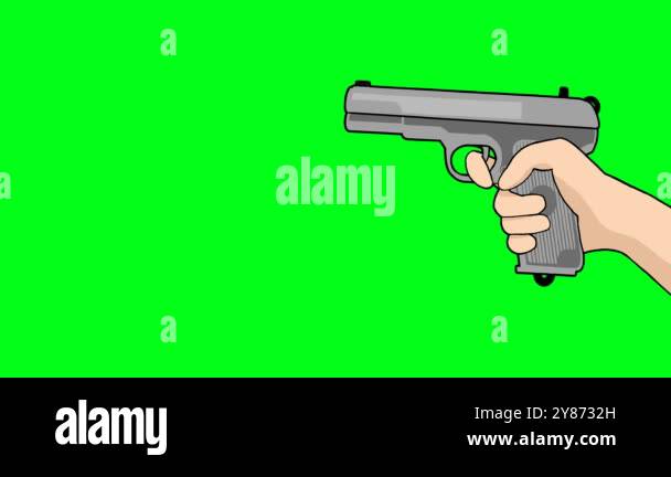 2d animated cartoon A hand that is a killer and has a Colt gun enters ...