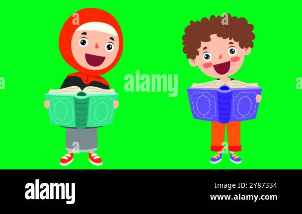 2d animated cartoon Islamic Quran in hands of muslim boy & girl ...