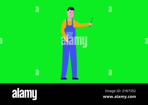 2d animated cartoon character of a repairman who has a toolbox and a ...
