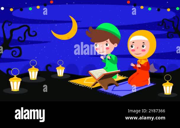 2d animated cartoon A Muslim baby girl and baby boy are reading the ...