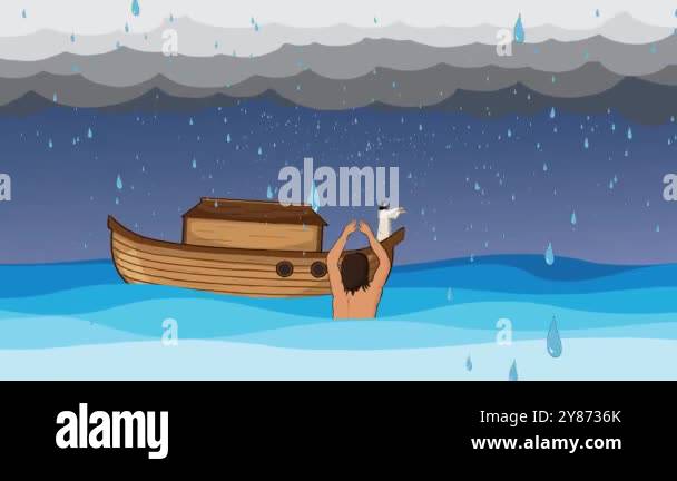 2d animated cartoon character of two men drowning in sea water. Noah's ...