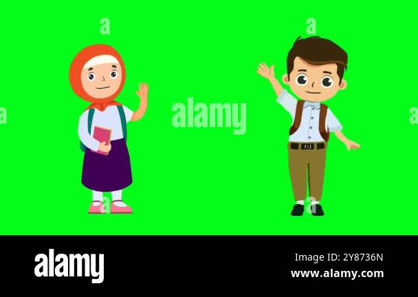2d animated cartoon Boy and girl school student characters waving hands ...
