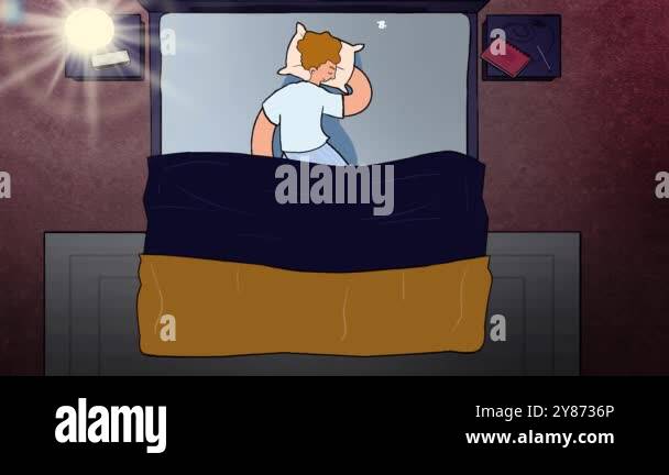 2d animated cartoon different people sleeping on bed in room background ...