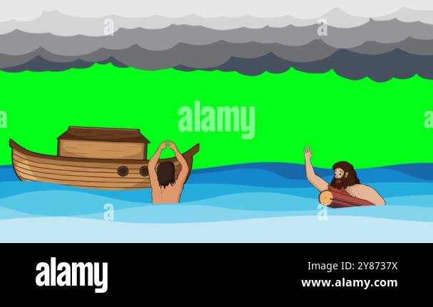 2d animated cartoon character of two men drowning in sea water and in ...