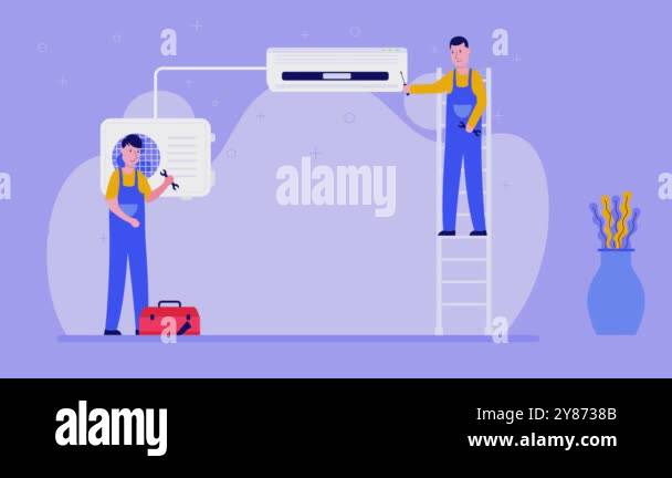 2d animated cartoon motion graphics of two air conditioner repair men ...