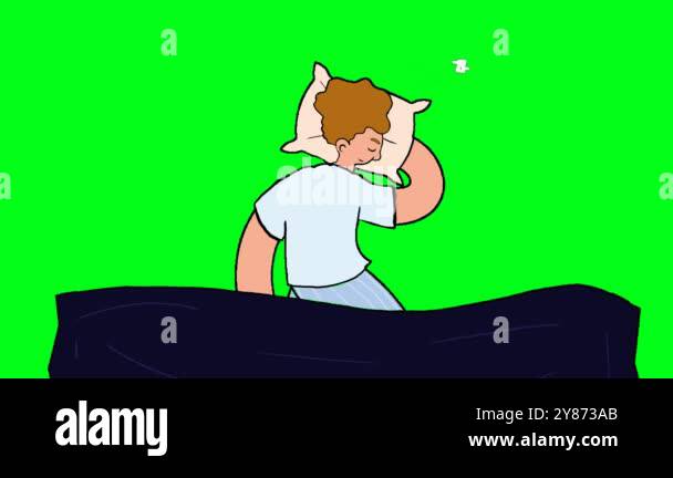 2d animated cartoon different people sleeping on bed in green screen ...