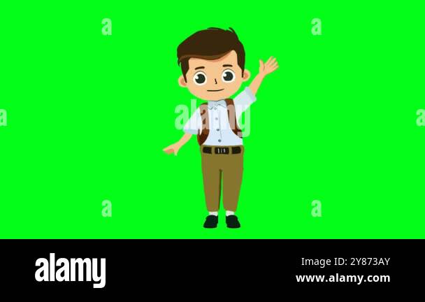 2d animated cartoon Boy school student character waving hand in green ...