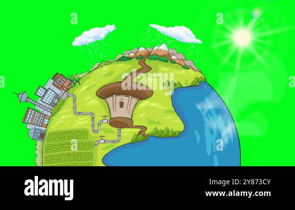 2d animated cartoon educational of teaching the water cycle on the ...