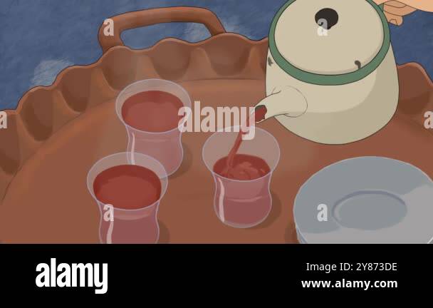 2D animation of Pouring hot tea into a glass from teapot with hot white ...