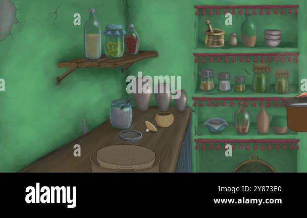 2D animation of A Persian woman cooking draining rice in kitchen in ...