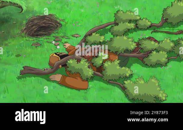 2D animation of injured hunter, beautiful bird, chicks are being born ...