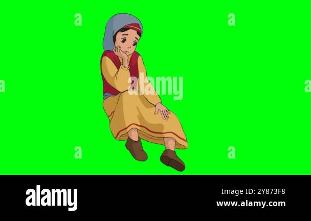 2D animated girl character is sad and upset sitting on floor in green ...