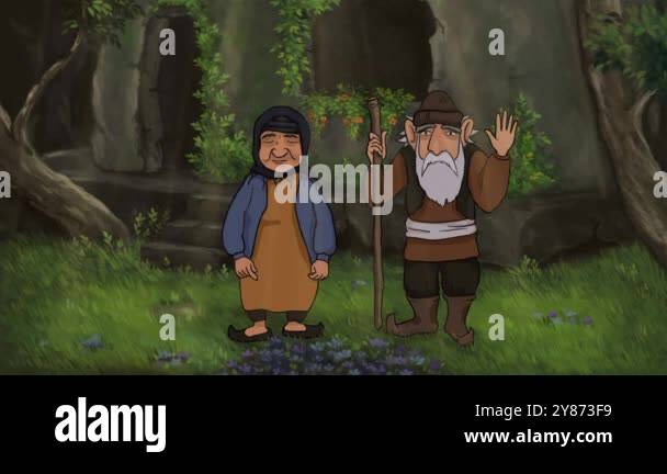 2D animation of An old man and cute old woman are smiling and waving ...