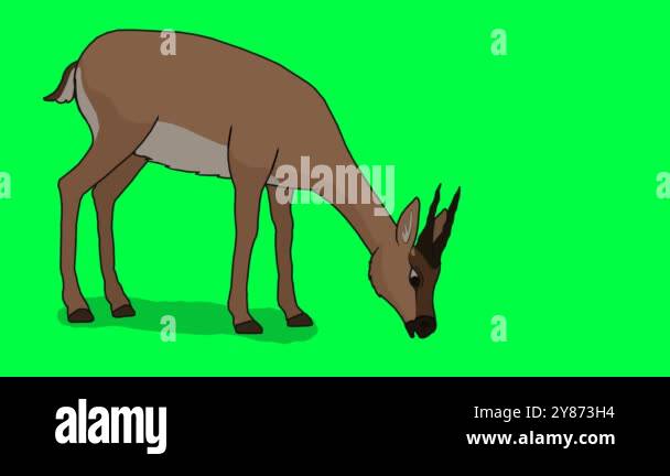 2D animated deer character is grazing and eating grass plants in green ...