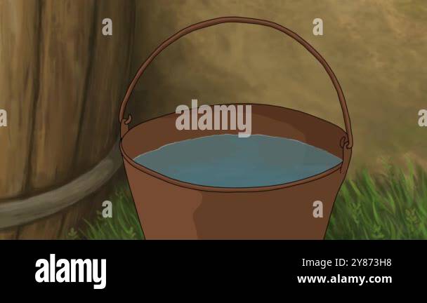 2D animation of Lifting bucket full water next to wall by a woman or ...