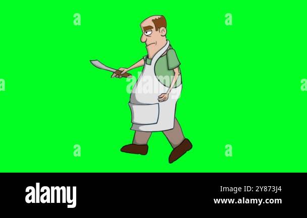 2D animated Butcher character walking cycle with knife in hand, green ...