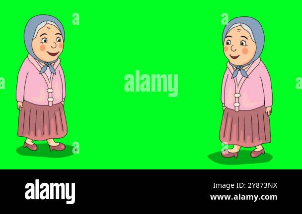 2D animated old woman character walking cycle who enters in green ...