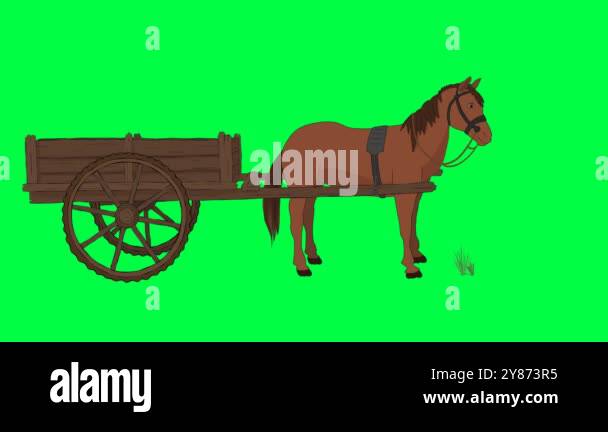 2D animated cycle horse character grazing with carriage attached to its ...