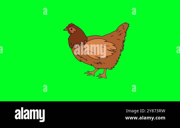 2D animated chicken character eating seeds, sits on ground in green ...