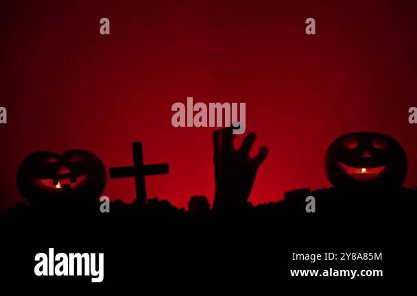 Creepy monster hand shows gestures in graveyard. Scary dirty halloween ...