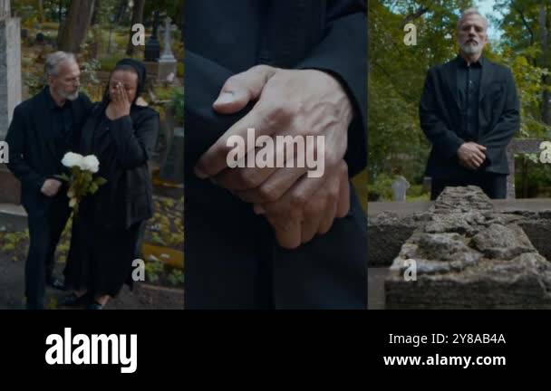 Split screen of mourning couple dressed in black visiting cemetery. Man ...