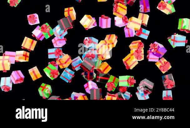 Falling gift boxes fill the screen. Colored gift boxes with red ribbon ...