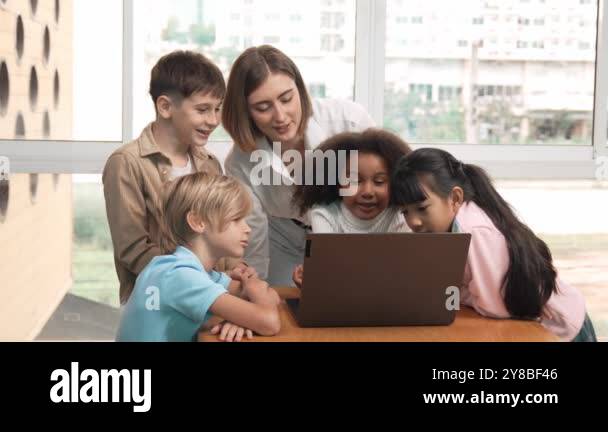 Cute african girl programing system while surround with caucasian ...