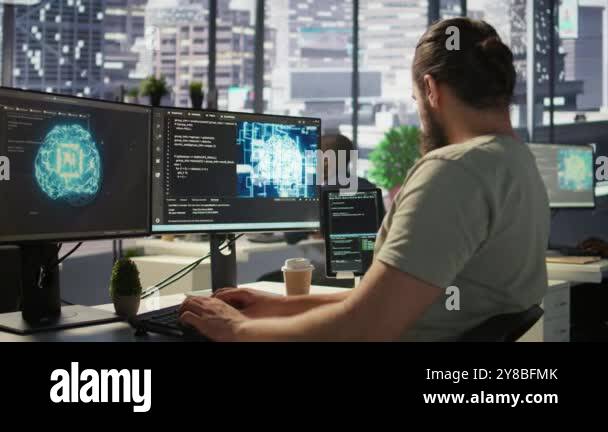 Software technician using computer for artificial intelligence computing simulating human brain ...