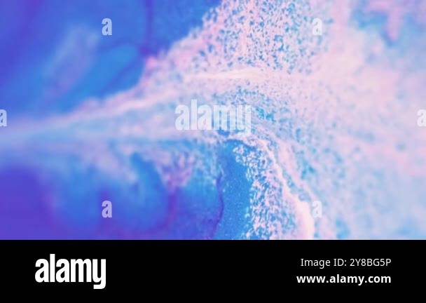 Acrylic paint spill. Sparkling fluid flow. Defocused purple blue pink ...