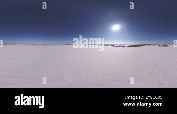 360 VR drone aerial view of cold winter landscape arctic field, trees ...